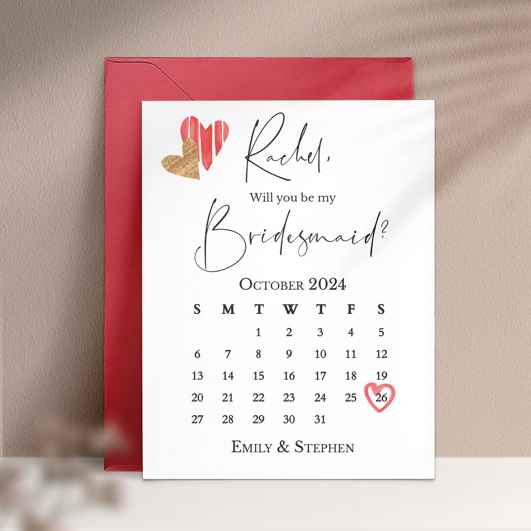Bridesmaid Proposal Calendar Card: Red & Gold Hearts Wedding Card - Etsy