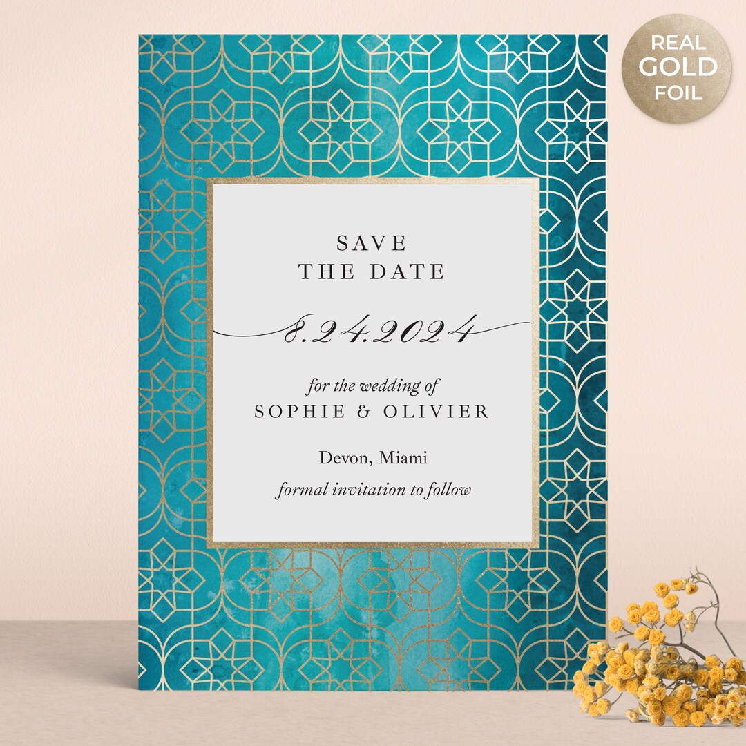 Turquoise Save the Date Cards for Wedding With Gold Foil Glamorous ...