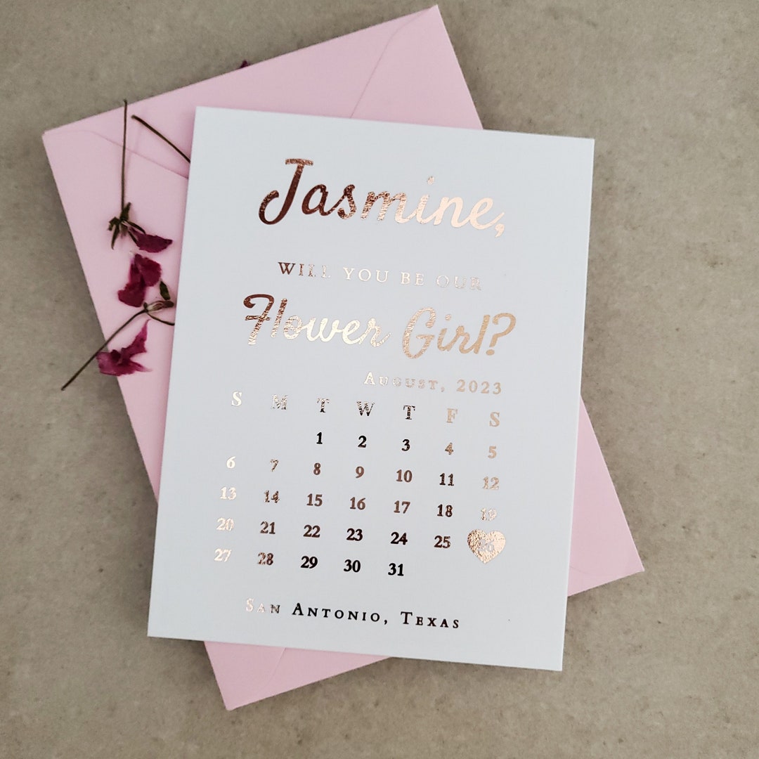 Gold Foil Flower Girl Proposal Calendar Card Save the Date Silver Rose ...