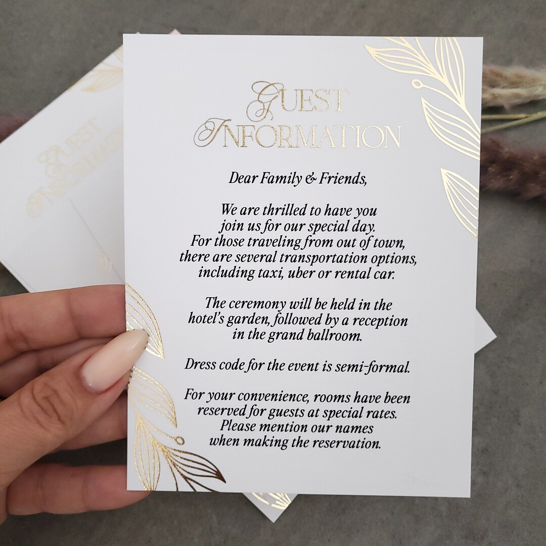Gold Foil Wedding Guest Information Card: Personalized Details - Etsy UK