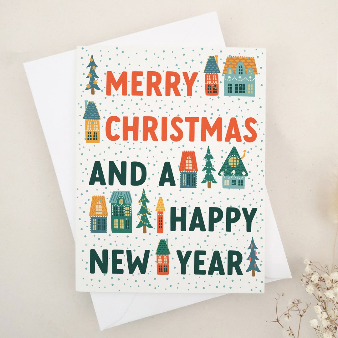 Merry Christmas and Happy New Year Card: Nordic Village Design - Etsy