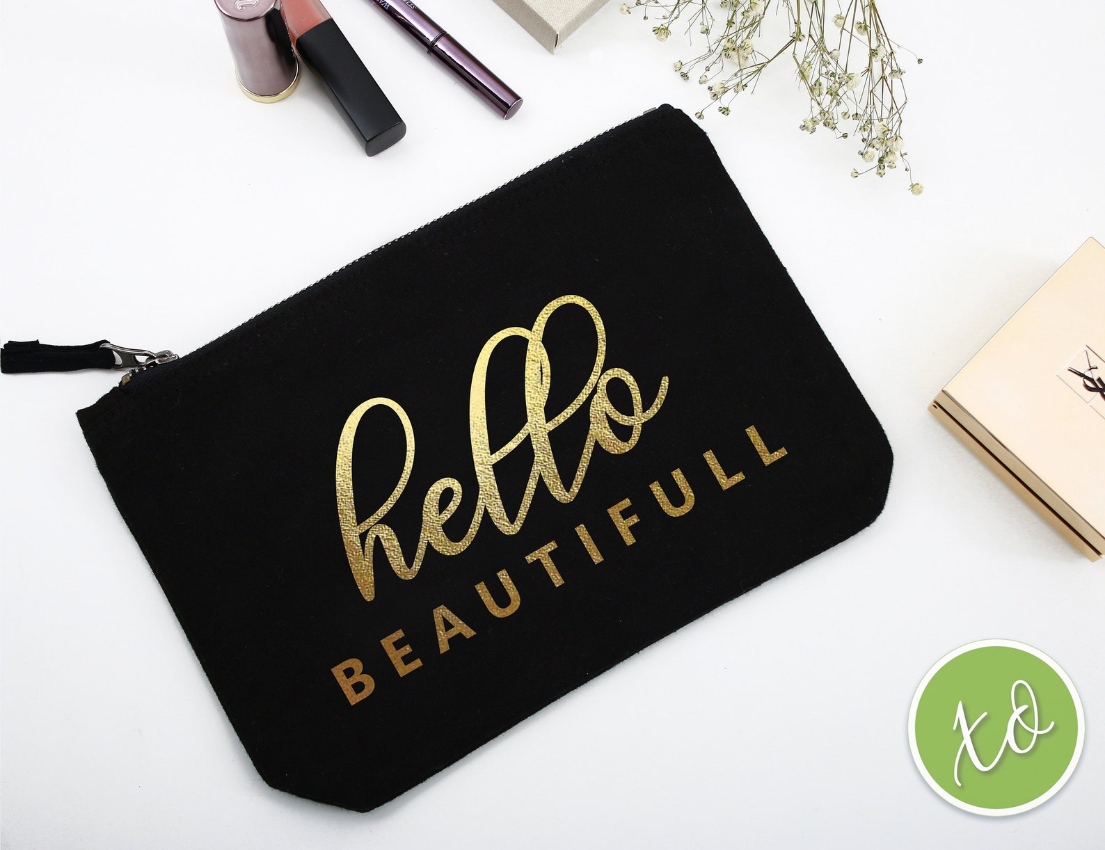 Hello Beautiful Makeup Bag, Gold Foil Bridesmaid Gift, Canvas Cosmetic ...