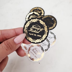 Round Frame Gold Foiled Custom Wedding Favor Tags in Black, Red, Blue ...