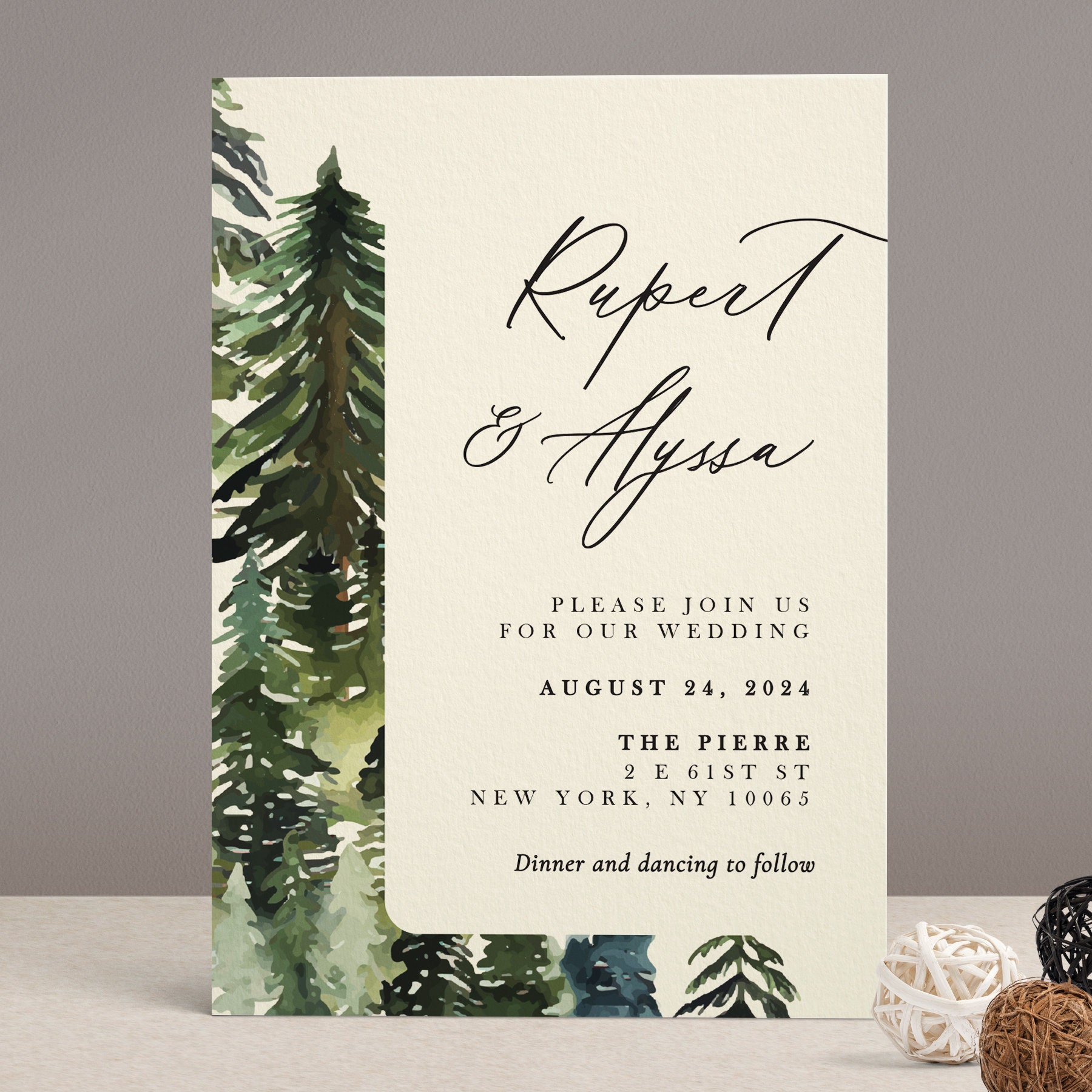 Wedding Invitation With Evergreen Trees