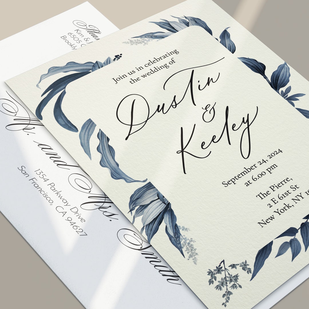 Navy Blue Floral Wedding Invitations Calligraphy Elegant Design - Etsy