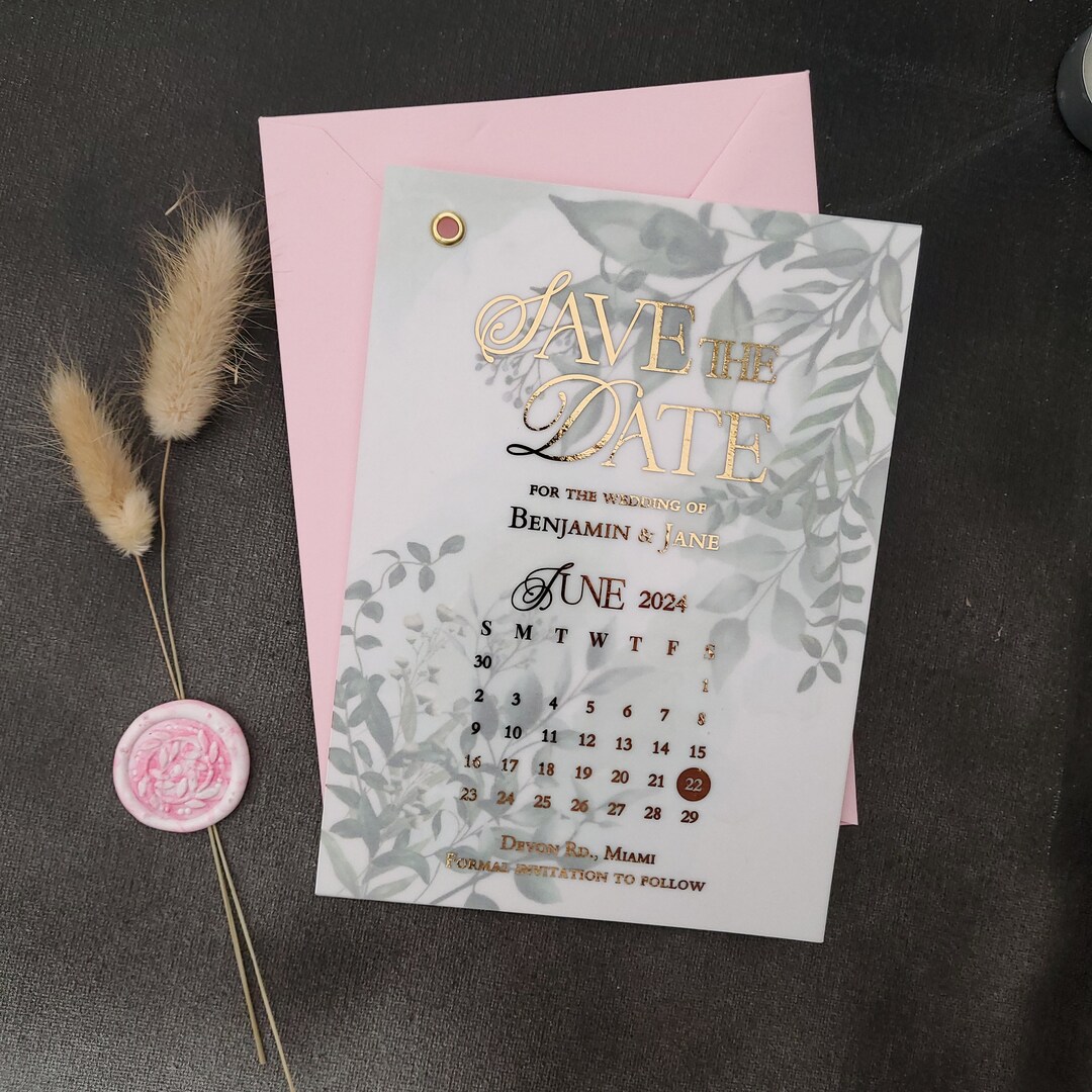 Gold Calendar Save the Dates Cards for Weddings With Greenery Flowers ...