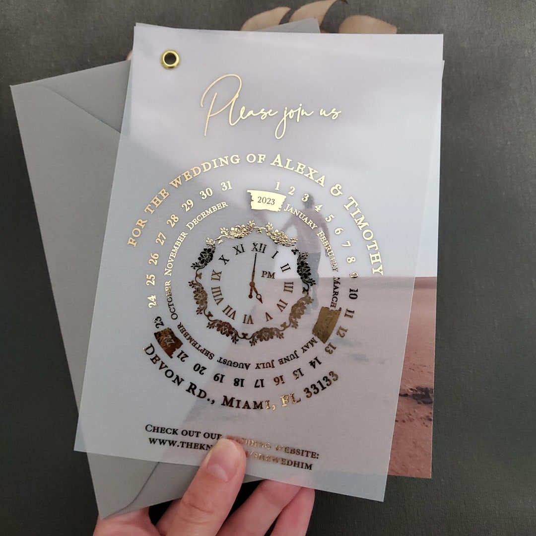 Custom Photo Calendar Wedding Invitation Gold Foil Vellum Overlay - Etsy