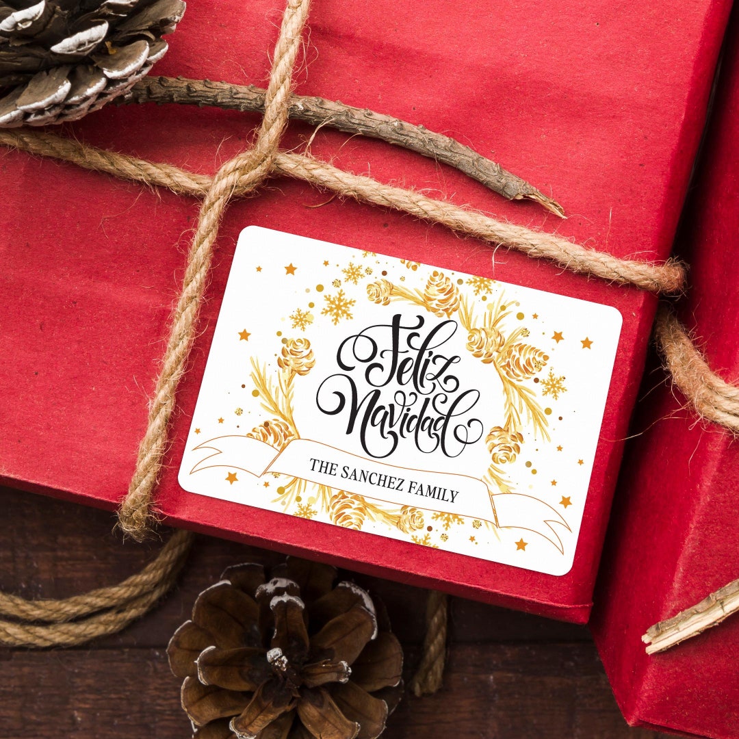 Personalized Feliz Navidad Stickers | Gold Wreath Holiday Gift Labels ...