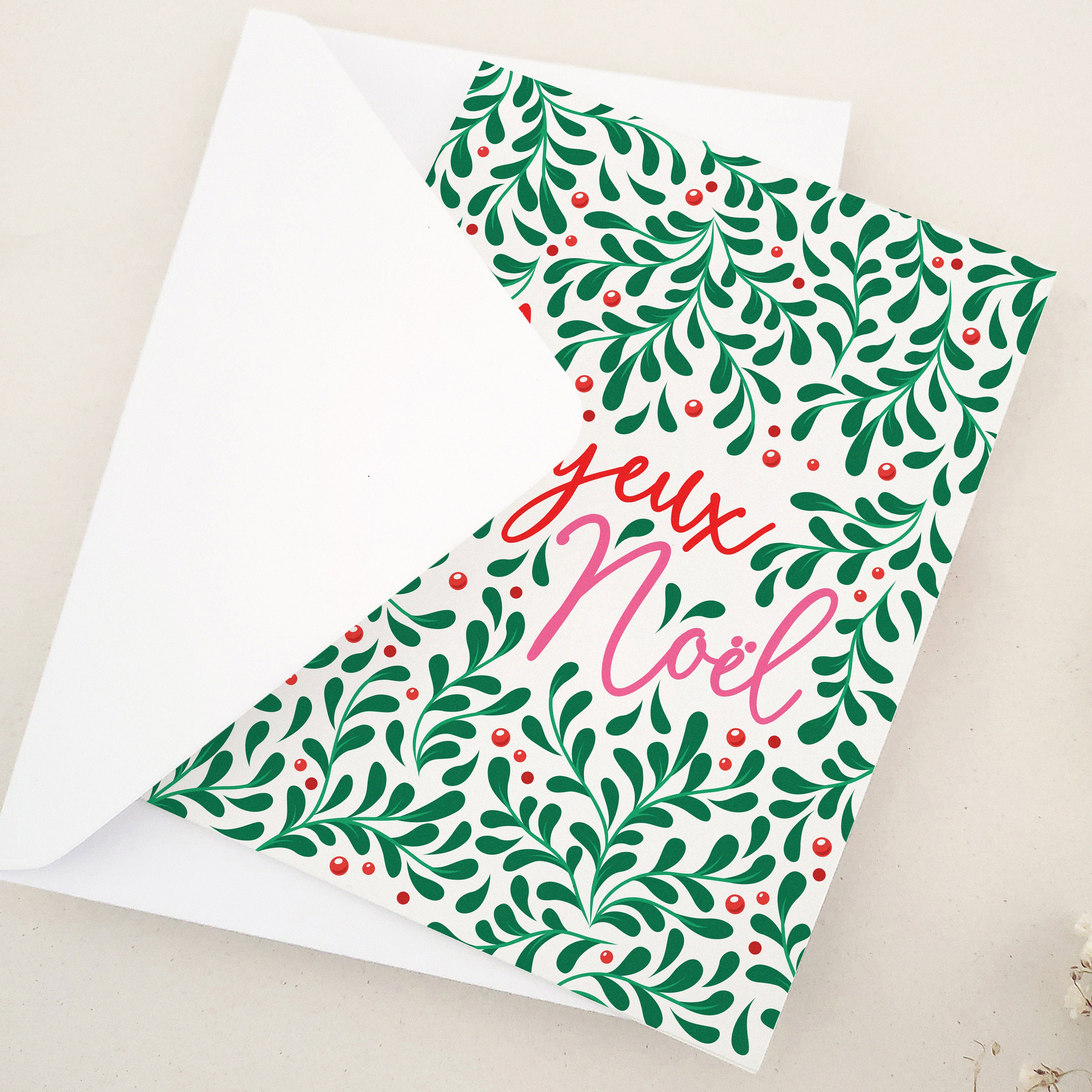 Joyeux Noel Christmas Cards: French Holiday Holly and Berries, Print ...