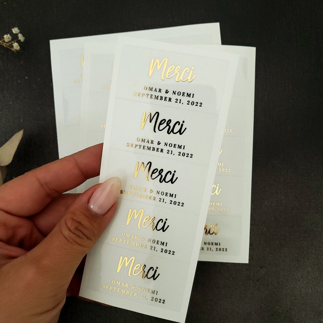 French Merci Wedding Stickers for Favors, Clear and Gold Custom ...