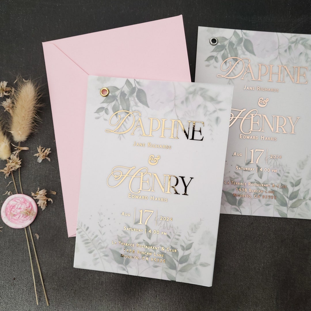 Vellum Wedding Invitation With Gold Foiled Print, Custom Greenery ...