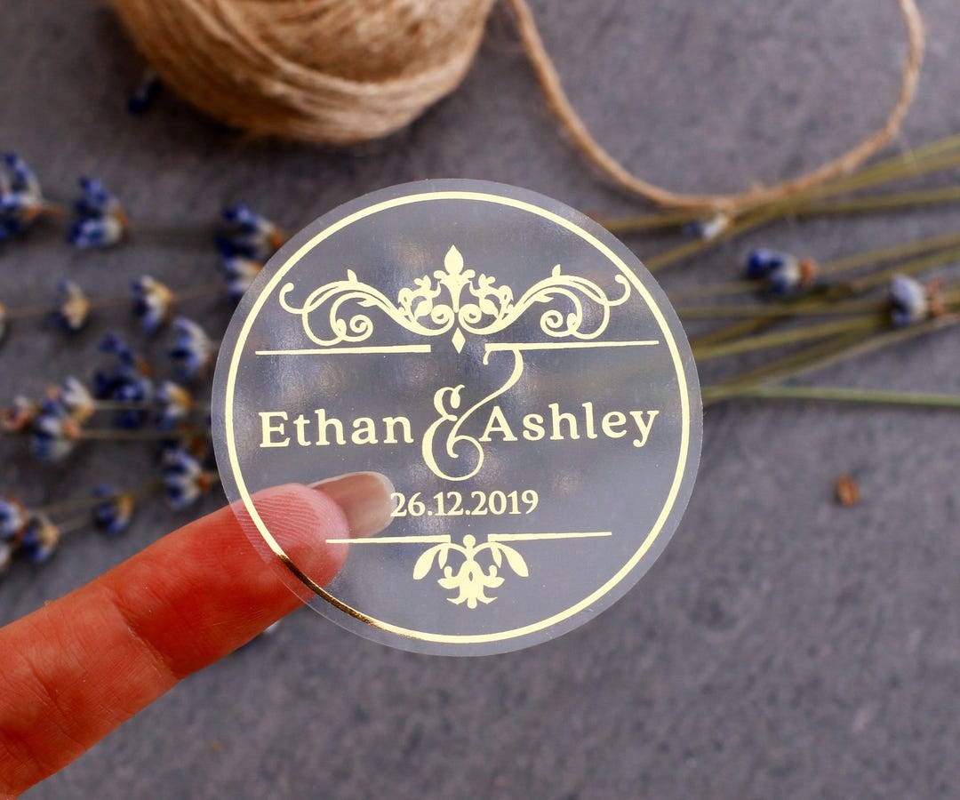 Personalized Wedding Favor Stickers Clear or White Gold Foil Names ...