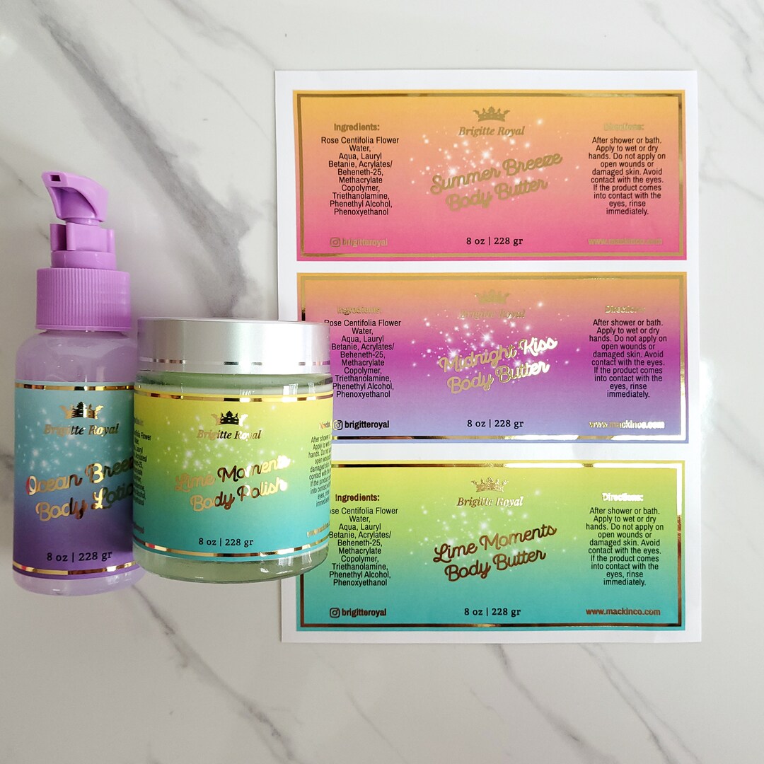 Custom Body Butter Label Stickers: Rainbow Gradient, Gold Foil Print - Etsy