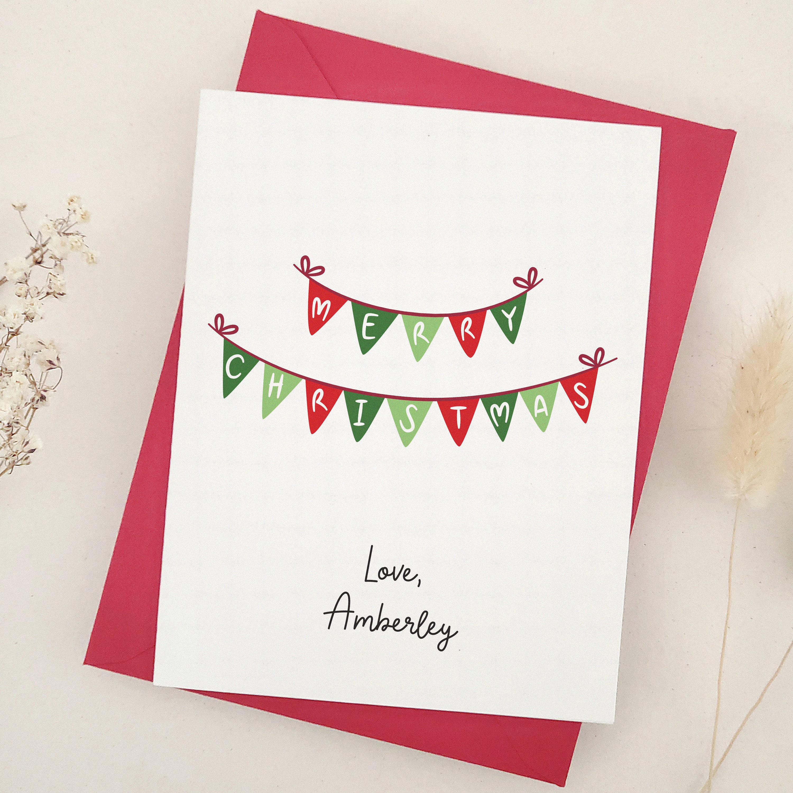 Merry Christmas Card With Festive Red & Green Bunting: Personalized ...