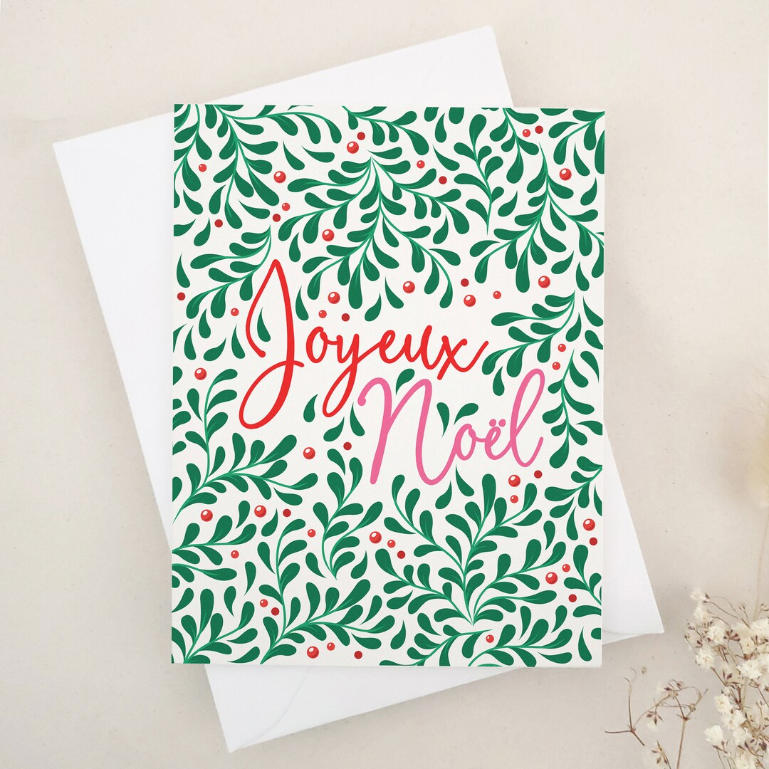 Joyeux Noel Christmas Cards: French Holiday Holly and Berries, Print ...