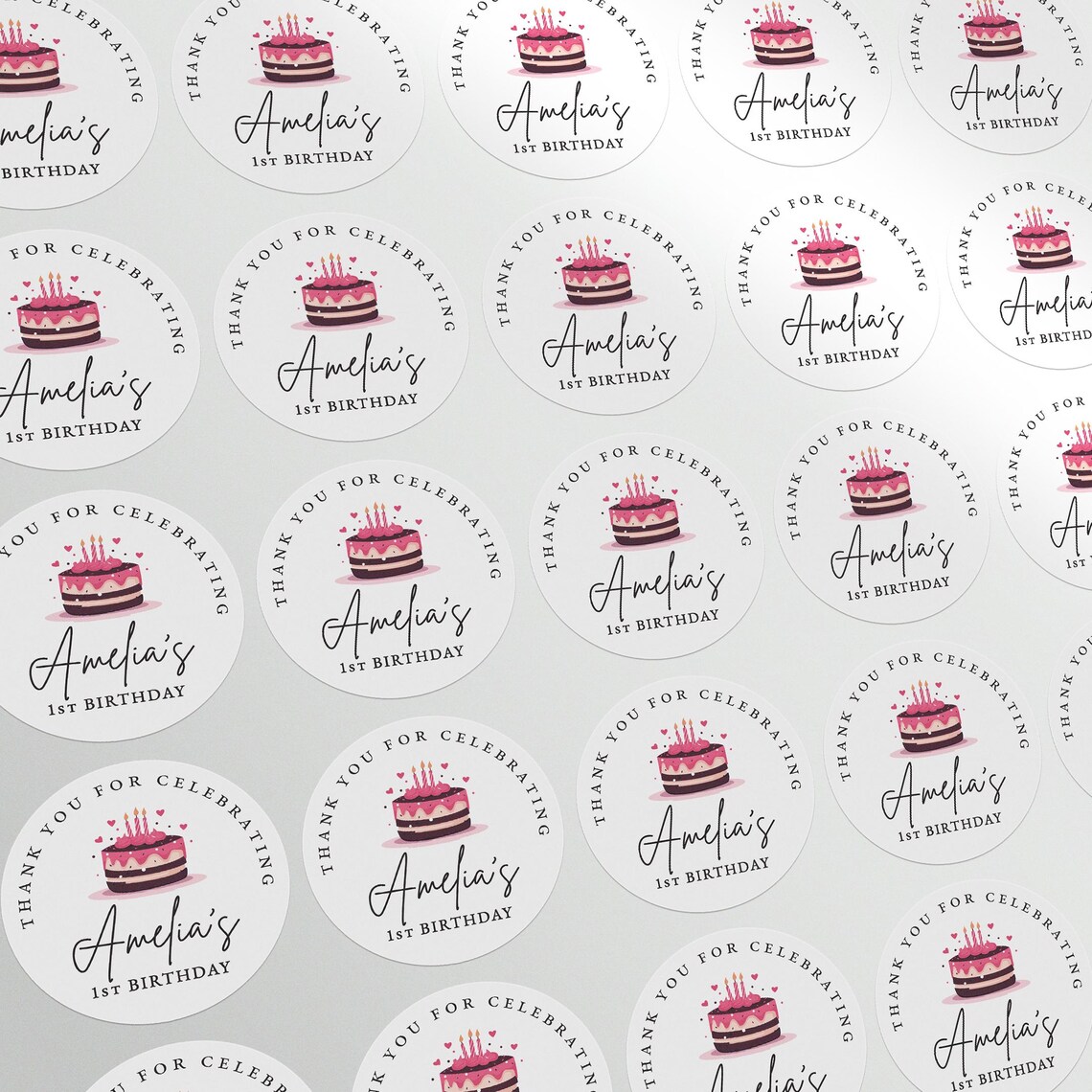 Personalized Kids 1st Birthday Party Favor Stickers, Pink Cake Second ...