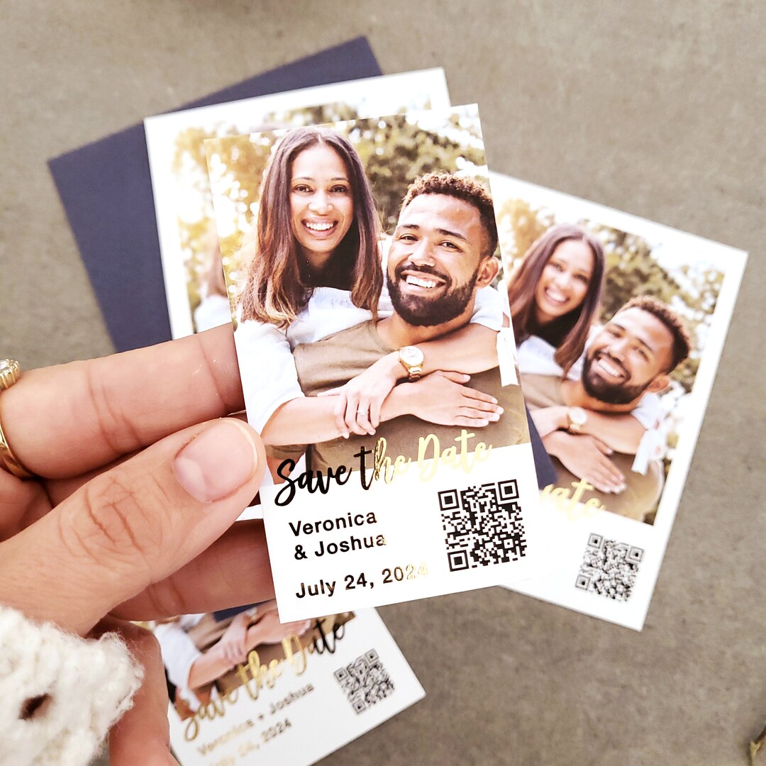 Photo Save the Date Magnet With Gold Foiled Calligraphy Print and QR ...