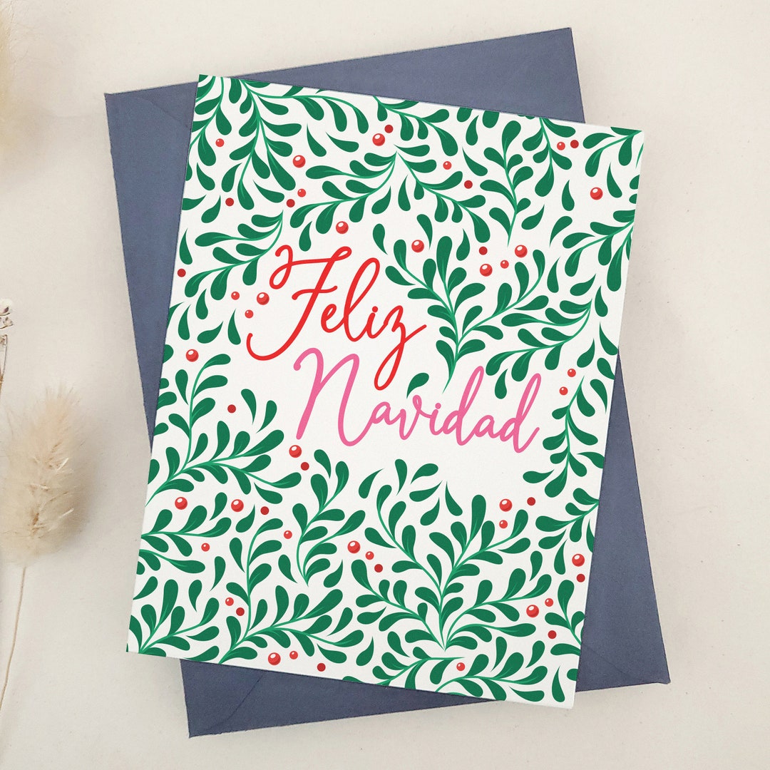 Feliz Navidad Card: Spanish Christmas Greenery & Berries - Etsy