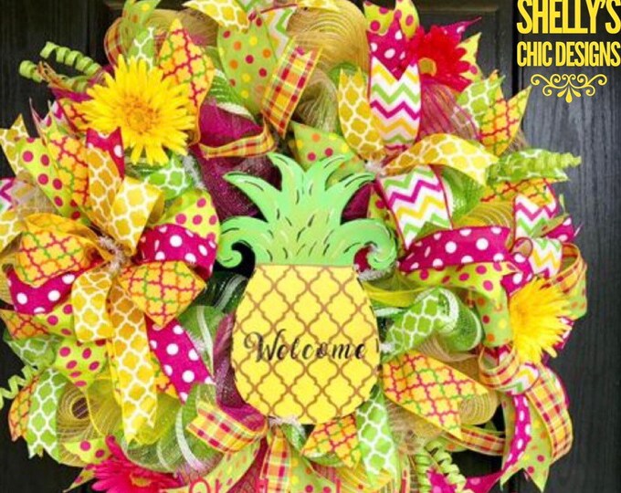 Summer Deco Mesh Wreath Pineapple Wreath Large Summer Mesh - Etsy