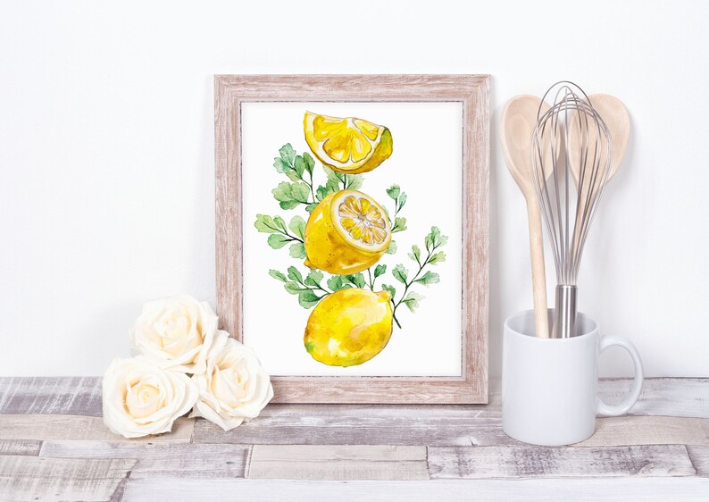 Lemon and Leaf Kitchen Wall Art, Watercolor Fruit Art, Lemon Print ...
