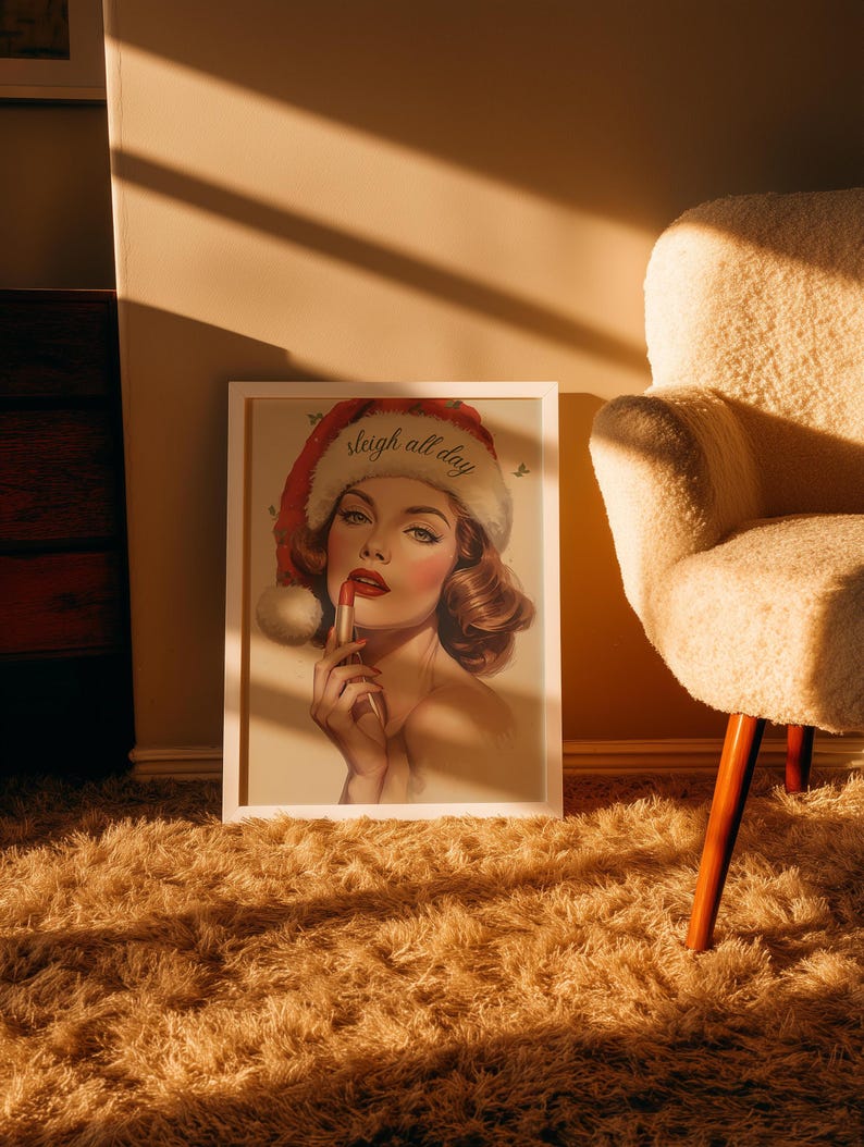 Vintage Christmas Glam Wall Art, Retro Holiday Pin up Girl Print ...