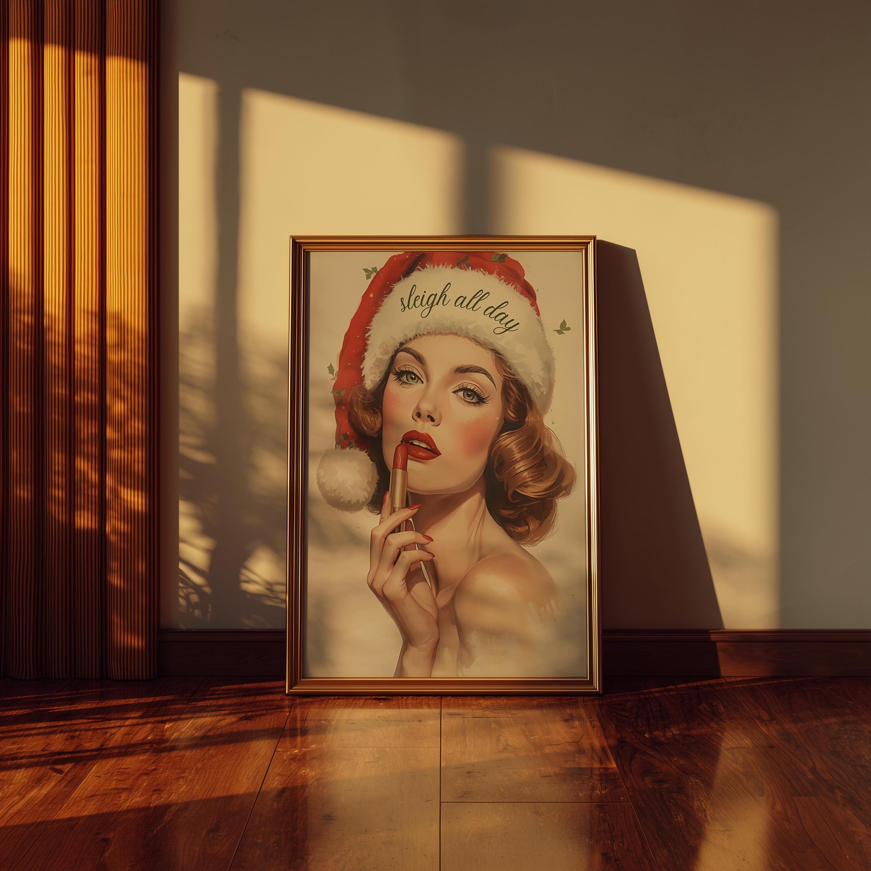 Vintage Christmas Glam Wall Art, Retro Holiday Pin up Girl Print ...