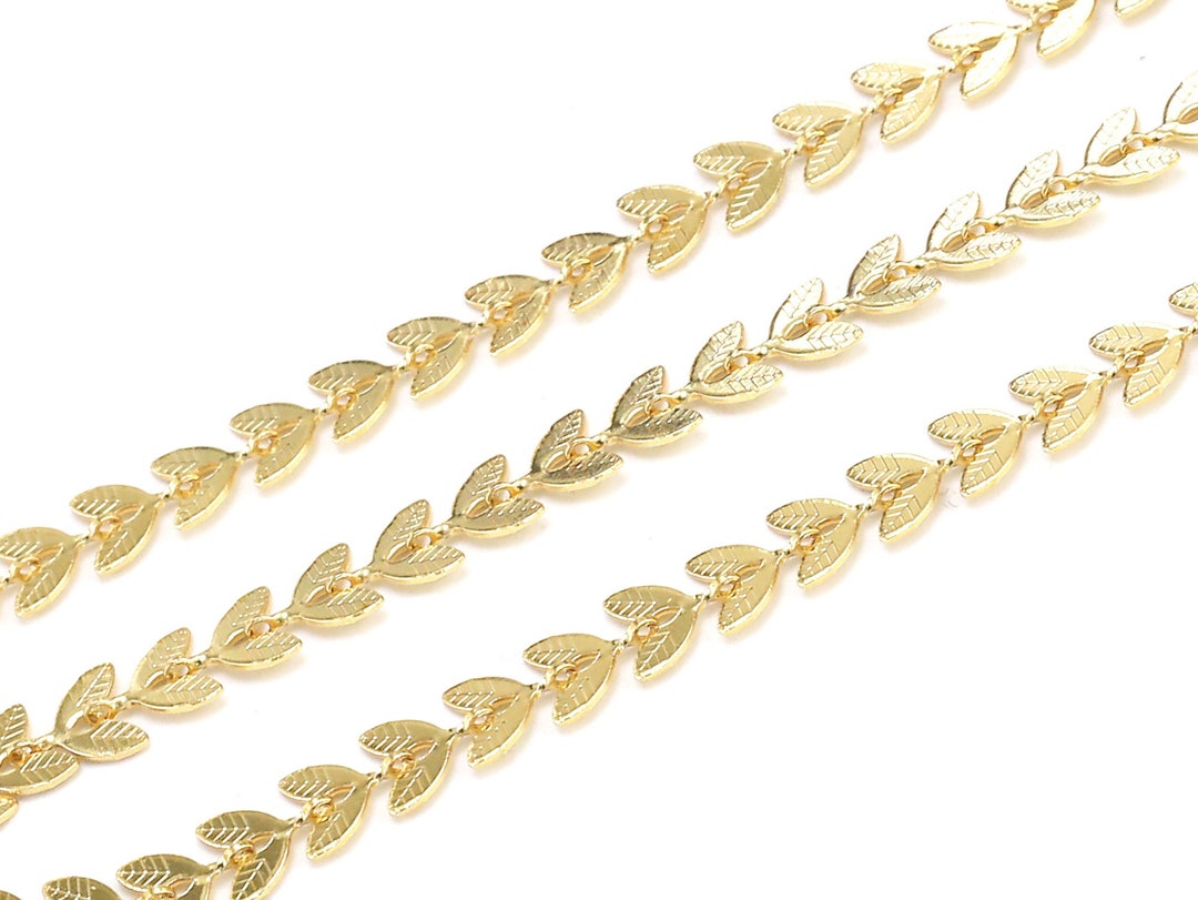 Gold Leaf Chain, Dainty Curb Chains, Tiny Leaves Chain, Chevron Brass ...