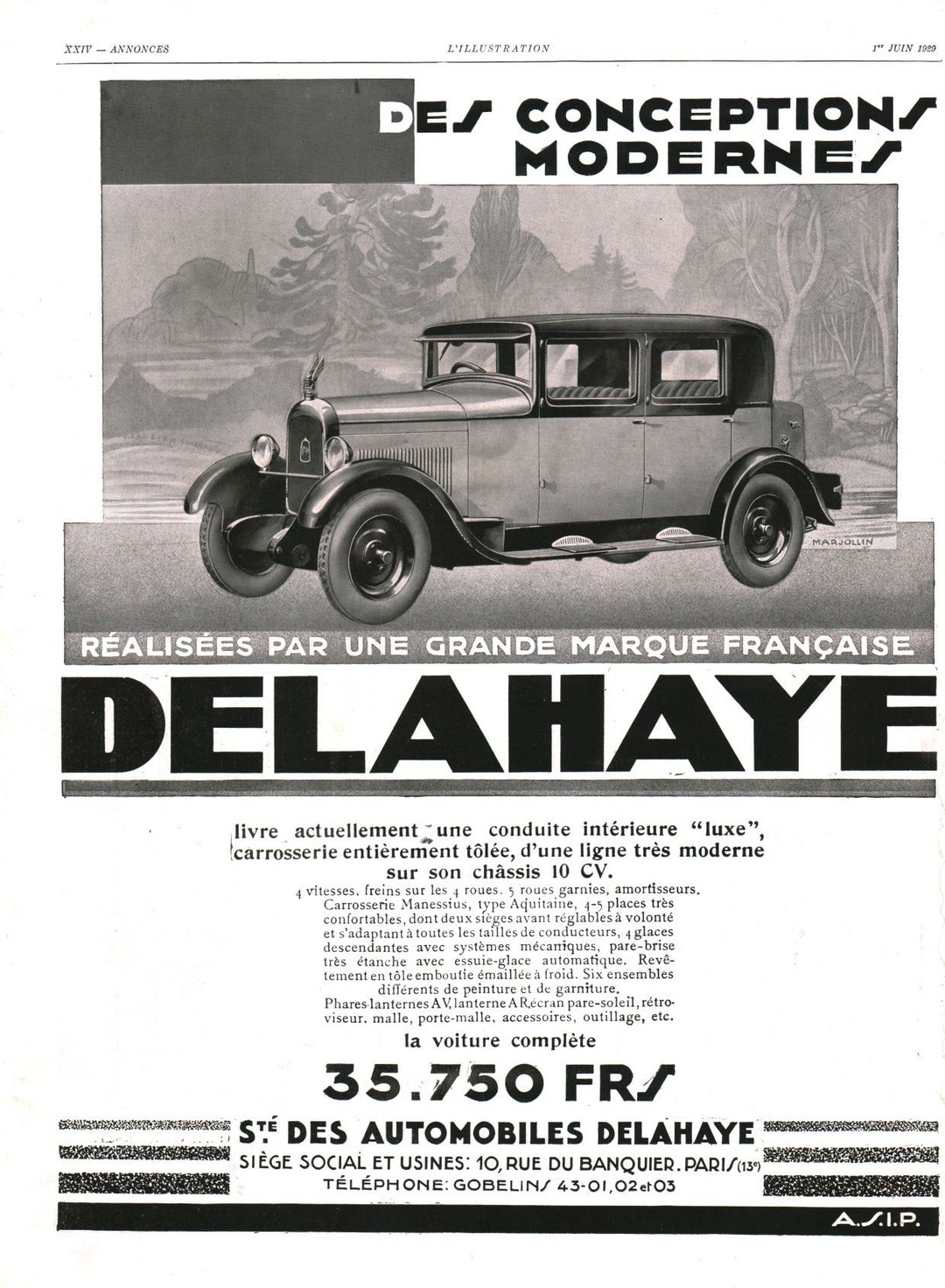Delahaye French Cars Vintage Poster, 1929 Magazine Tearsheet ...