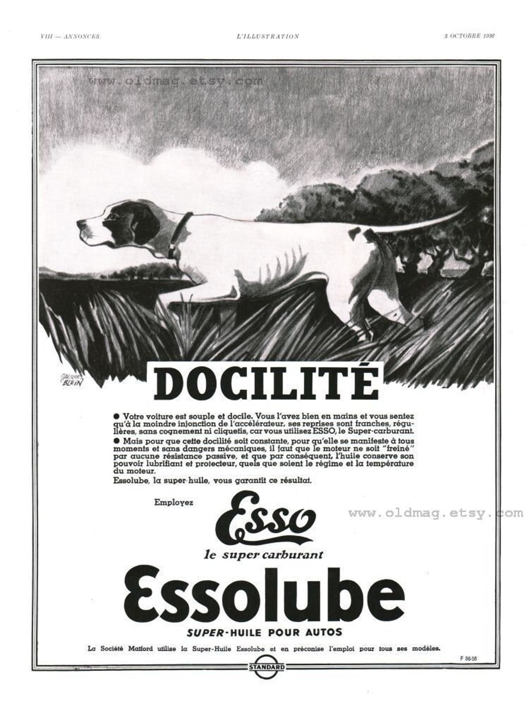 Dog Hunting Magazine Ad, Docilite Esso Motor Oil, Essolube French ...