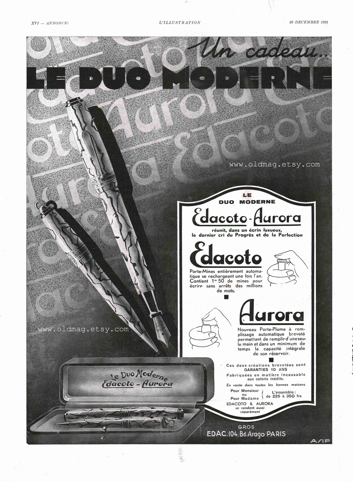 Aurora Edacoto Fountain Pen / Flechet Hats, Double-sided Vintage Poster ...