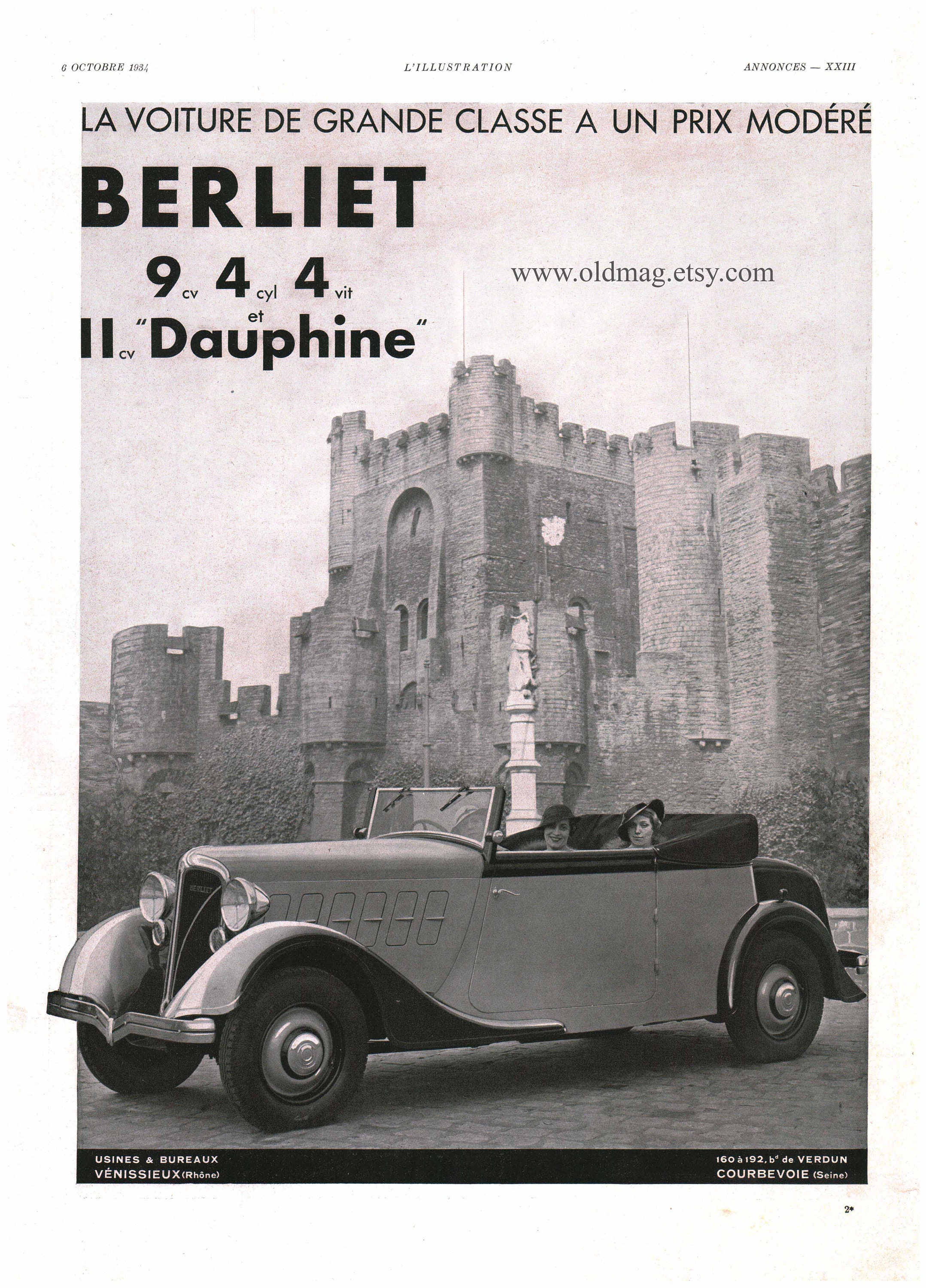 Le Gant Lingerie / Berliet Cars, Double-sided Vintage Ad, 1934 French ...