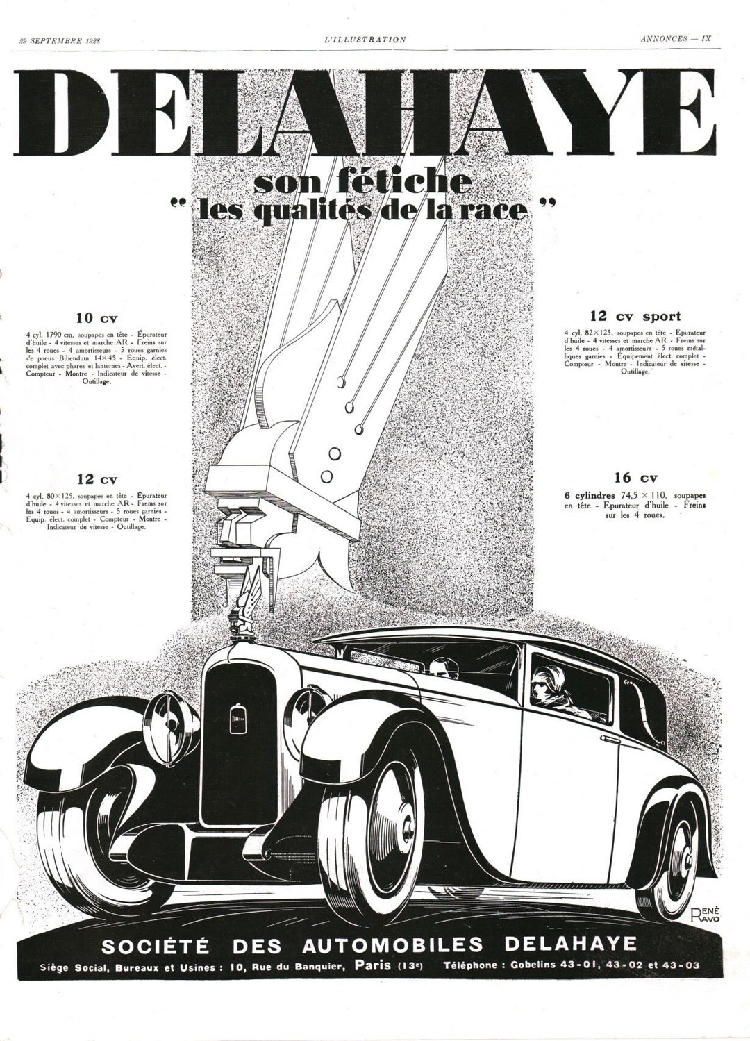 Delahaye Cars Vintage Poster, 1928 French Magazine Tearsheet ...