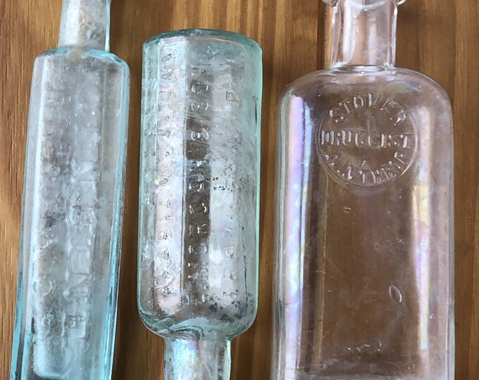 3 Glass Medicine Bottles, Genuine Essence, Stover Druggist of Winthrop ...