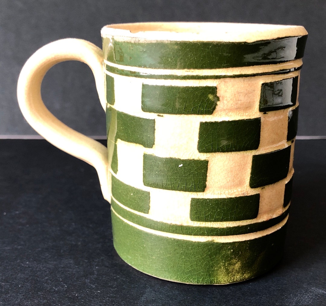 Antique Checkerboard Mochaware Mug, Forest Green and Cream Colored - Etsy