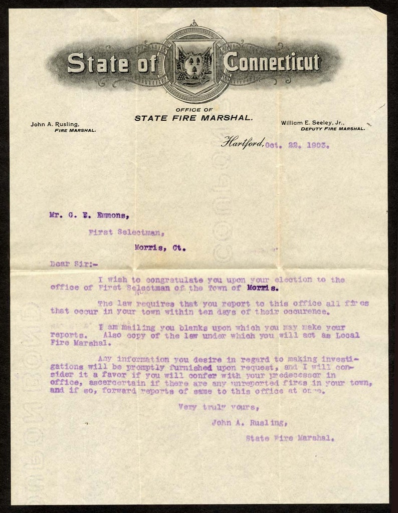 1903 Connecticut State Fire Marshal John Rusling Letter to First ...