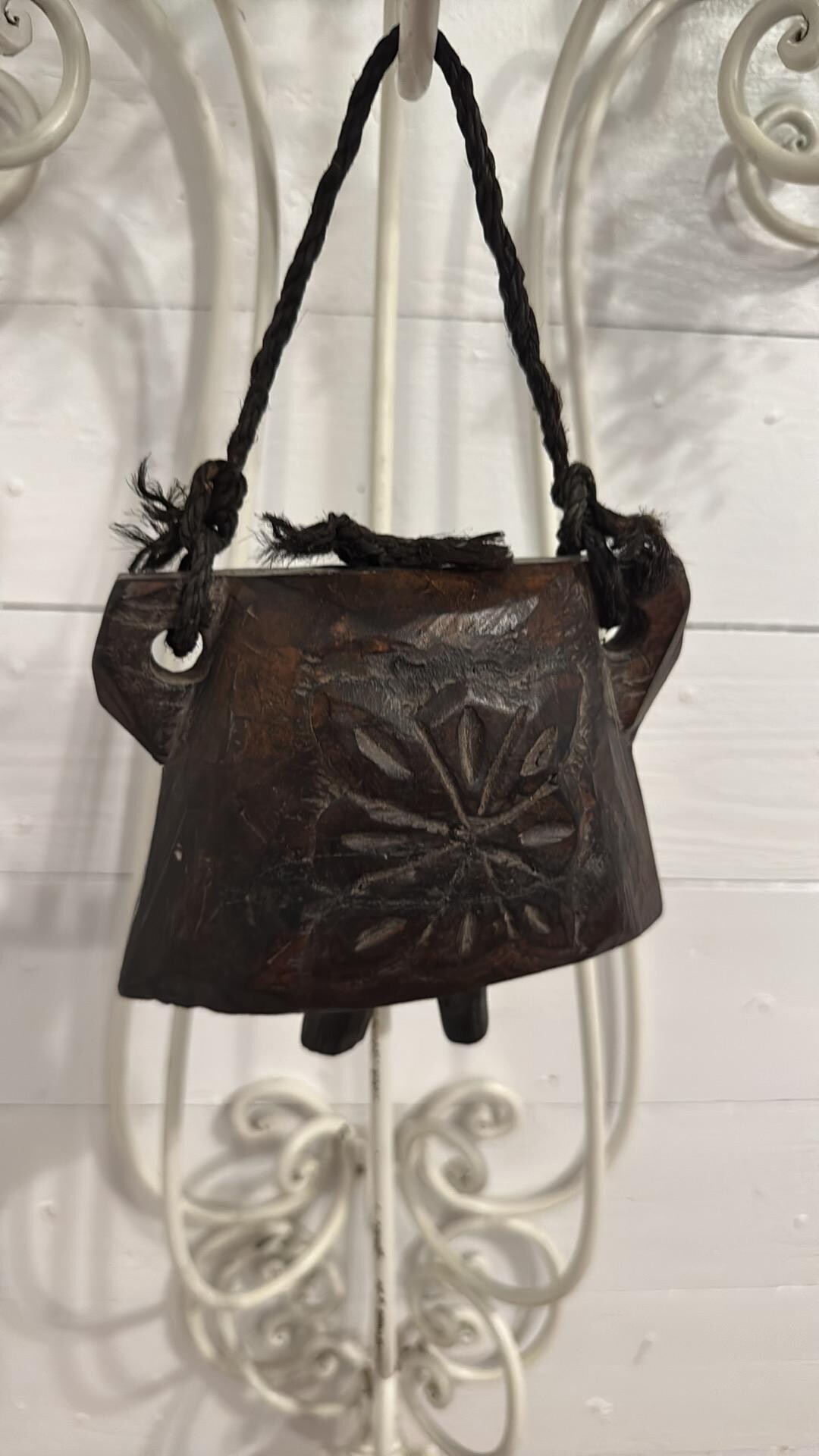 Antique Large Primitive Hand Carved Dark Wood Hanging Cowbell Oriental ...