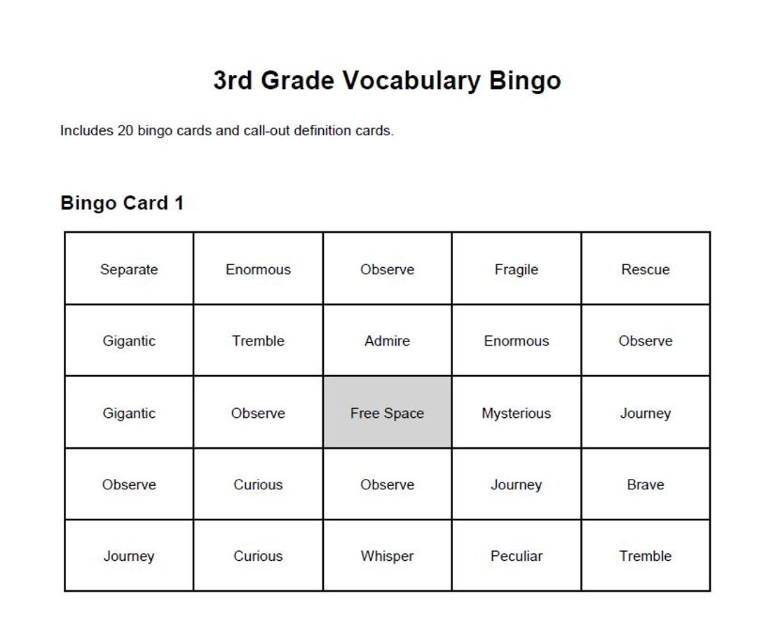 Third Grade, Vocabulary, Bingo Cards - Etsy