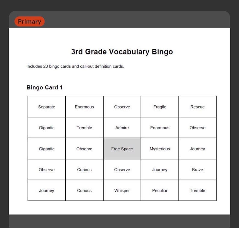 Third Grade, Vocabulary, Bingo Cards - Etsy