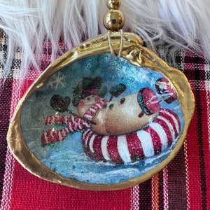 Snowman Oyster or Clam Shell Christmas Ornament, Decoupage Oyster or ...