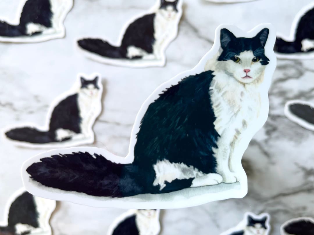 Velcro Cat Vinyl Sticker - Illustrated Sticker - Tuxedo Cat - Black and ...