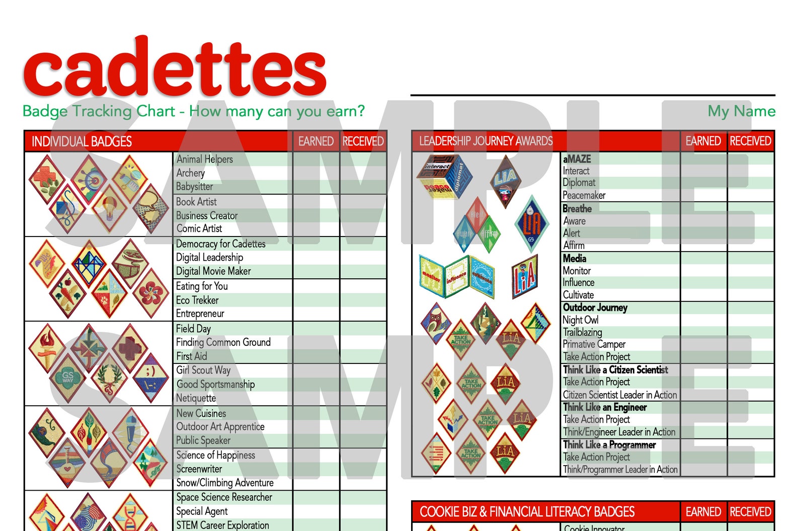 Girl Scouts Cadette Badge Tracking Chart Instant Download - Etsy