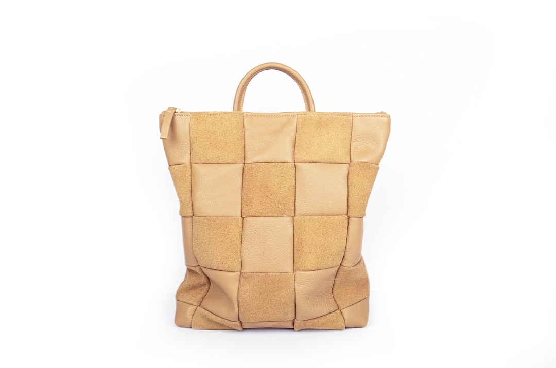 Tan Checkered Patchwork Leather Backpack - Etsy