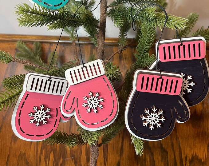 Set of Mittens Ornament- Wood Ornament- Laser Cut- Handmade- Hand ...
