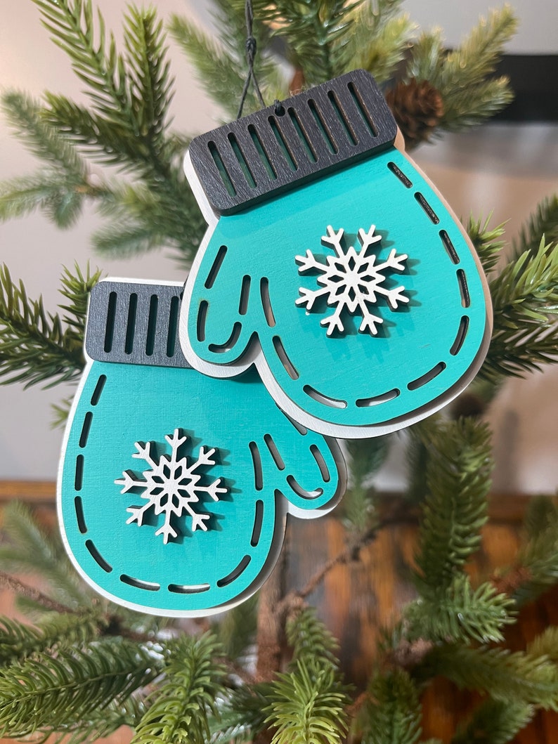 Set of Mittens Ornament- Wood Ornament- Laser Cut- Handmade- Hand ...