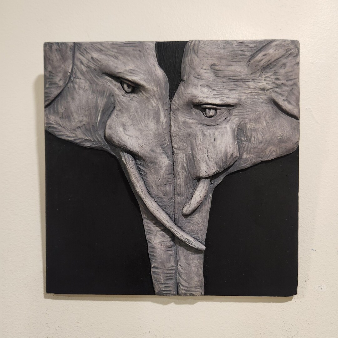 Sculpted Elephant Tile/ Mother & Baby Wall Tile/elephants Bas Relief ...