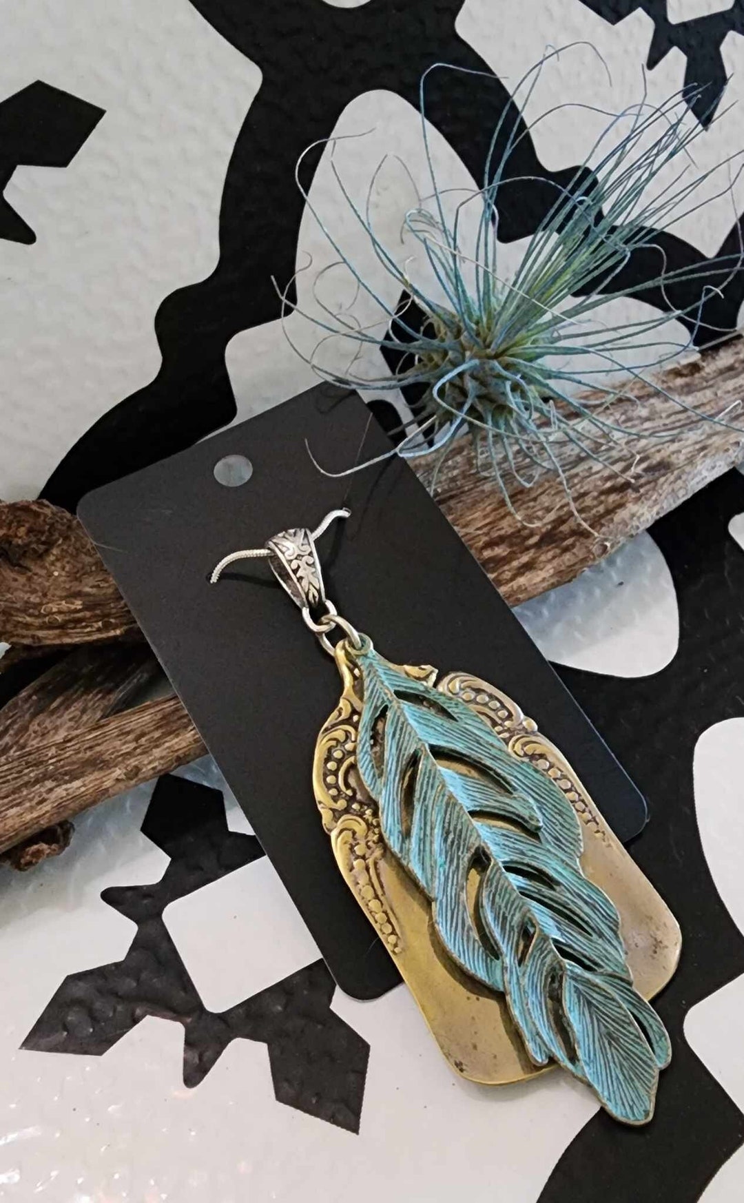 Green Bronzed Patina Feather Spoon Pendant Made From Vintage Silverware ...