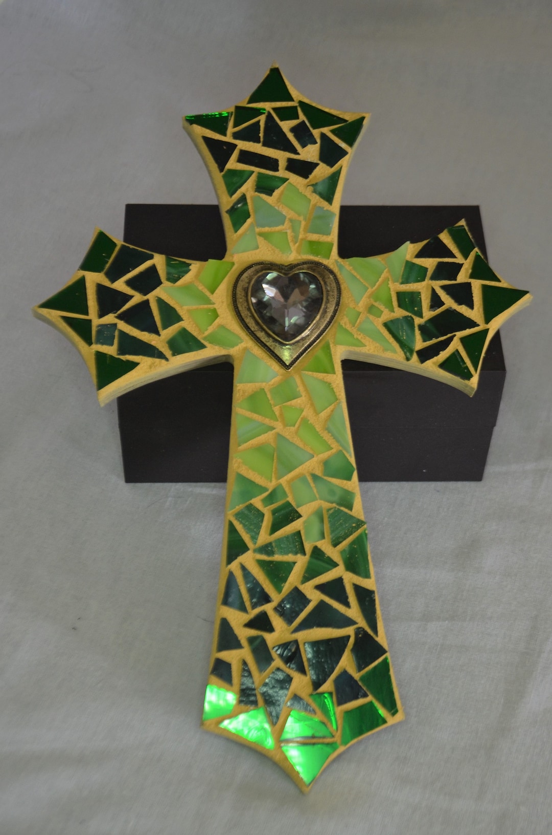 Handmade Mosaic Stained Glass Cross - Green & Gold Wall Art - Etsy
