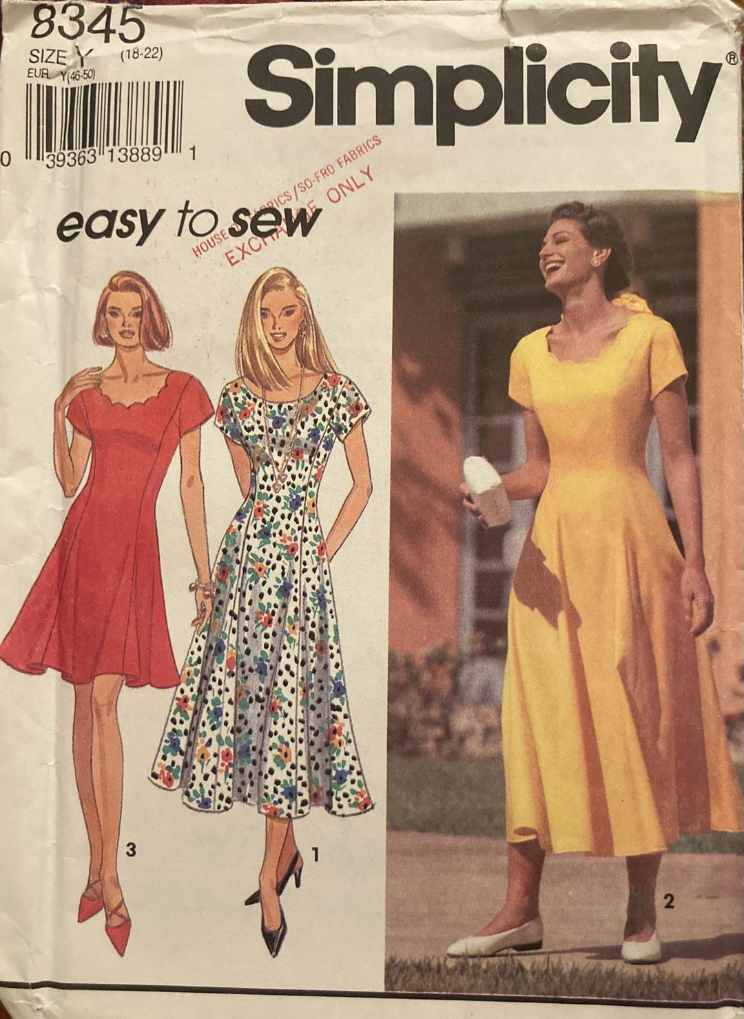 Simplicity 8345 Vintage 1990s Princess Seam Short Sleeve Dress Scalloped Neckline Length ...