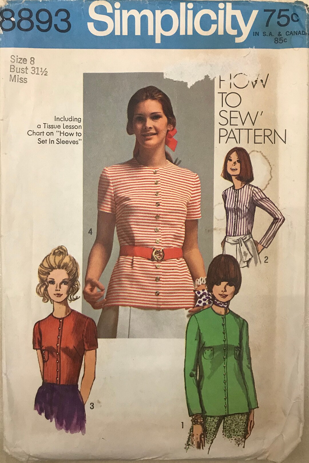 Simplicity 8893 Vintage 1970s Round Neckline Blouse Shirt Top Long ...
