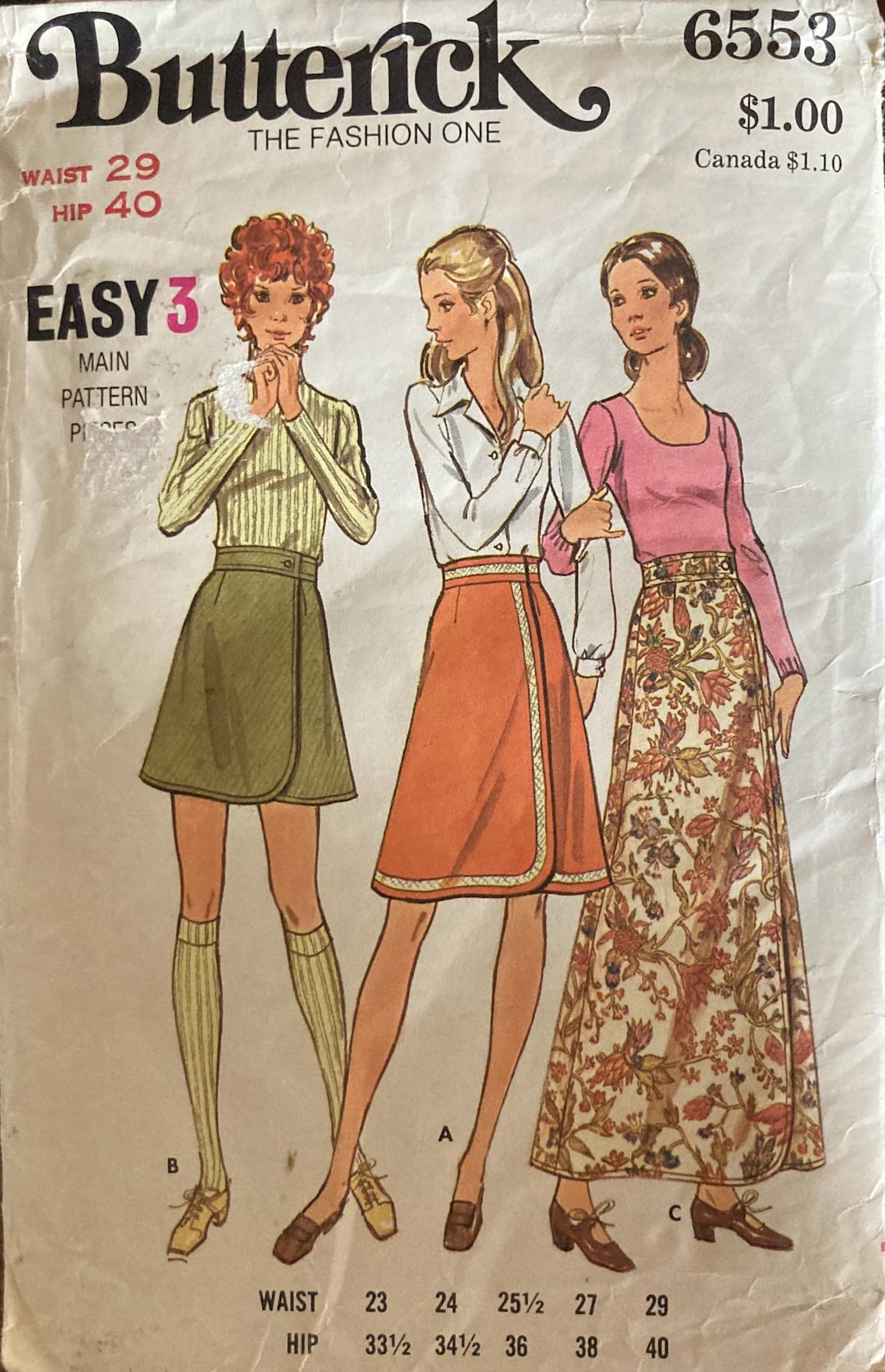 Butterick 6553 Vintage 1970s Mini Midi Maxi Wrap Skirt "easy 3" Denim ...